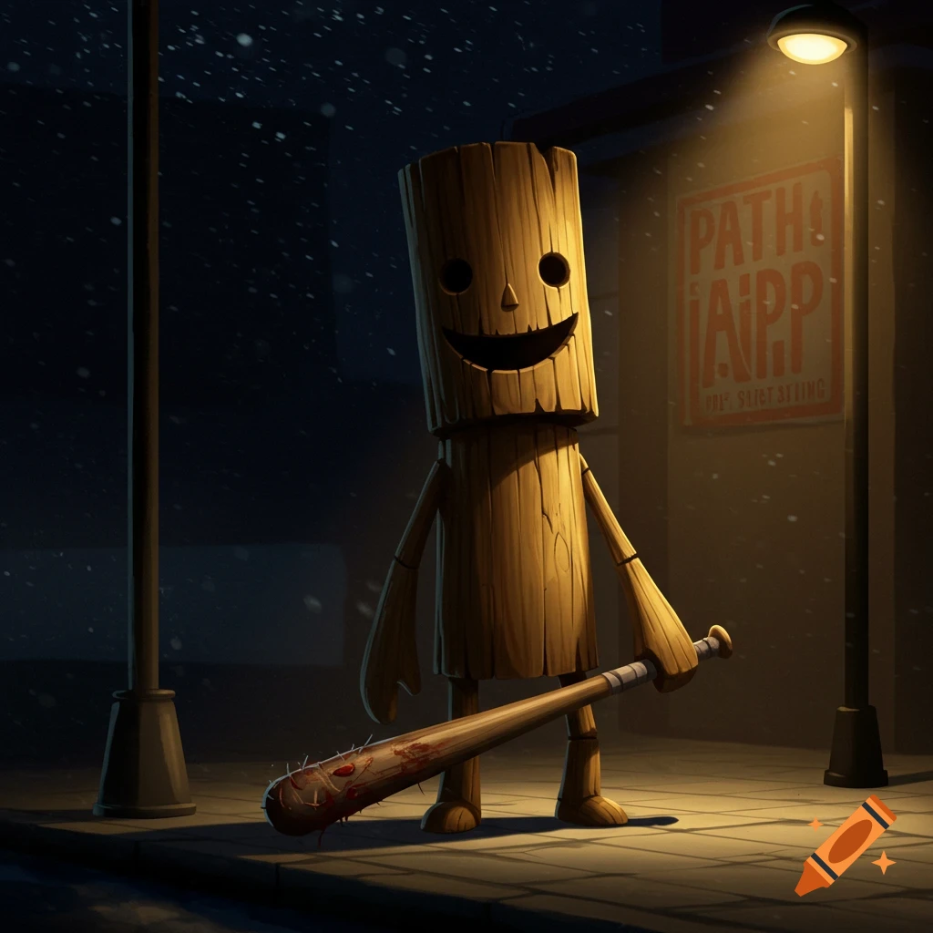 Tall wooden figure with human face holding baseball bat on sidewalk at ...