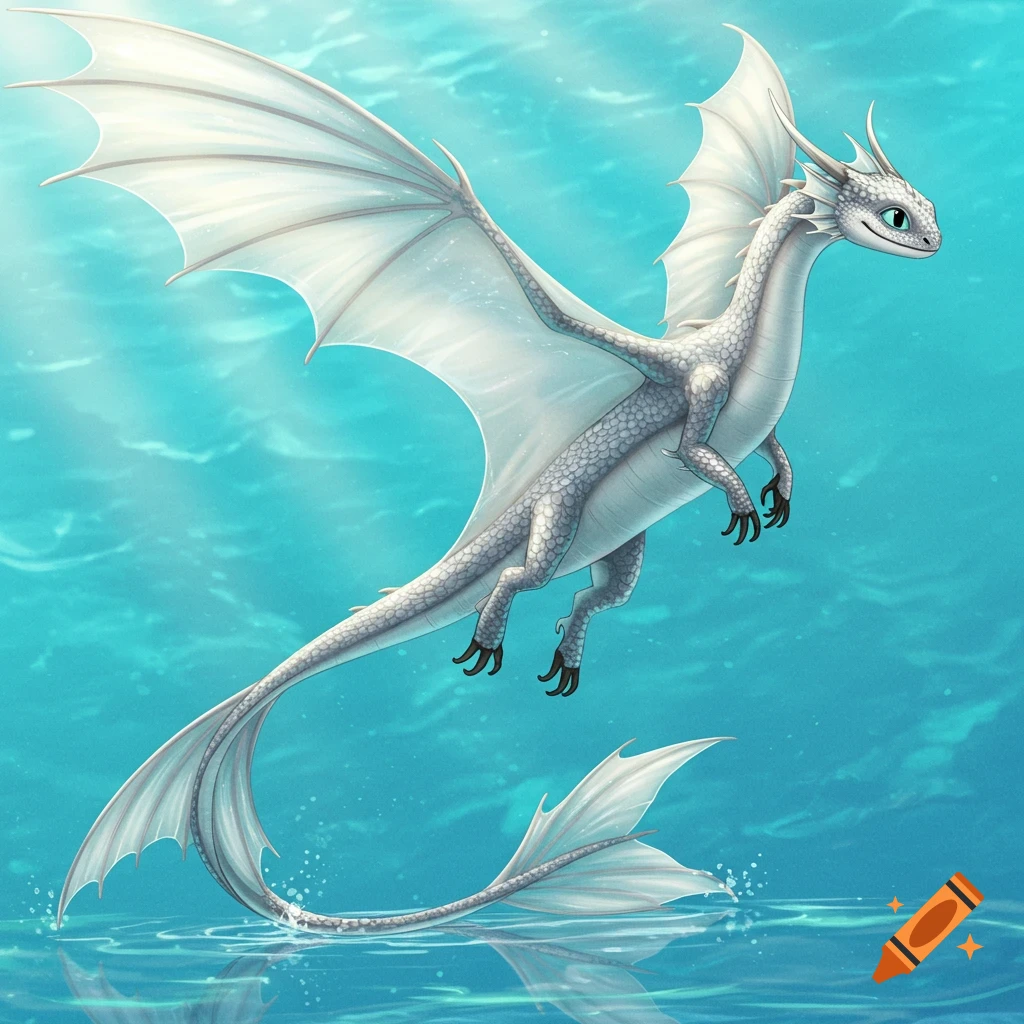Digital painting of a white dragon with large wings swimming in blue ...