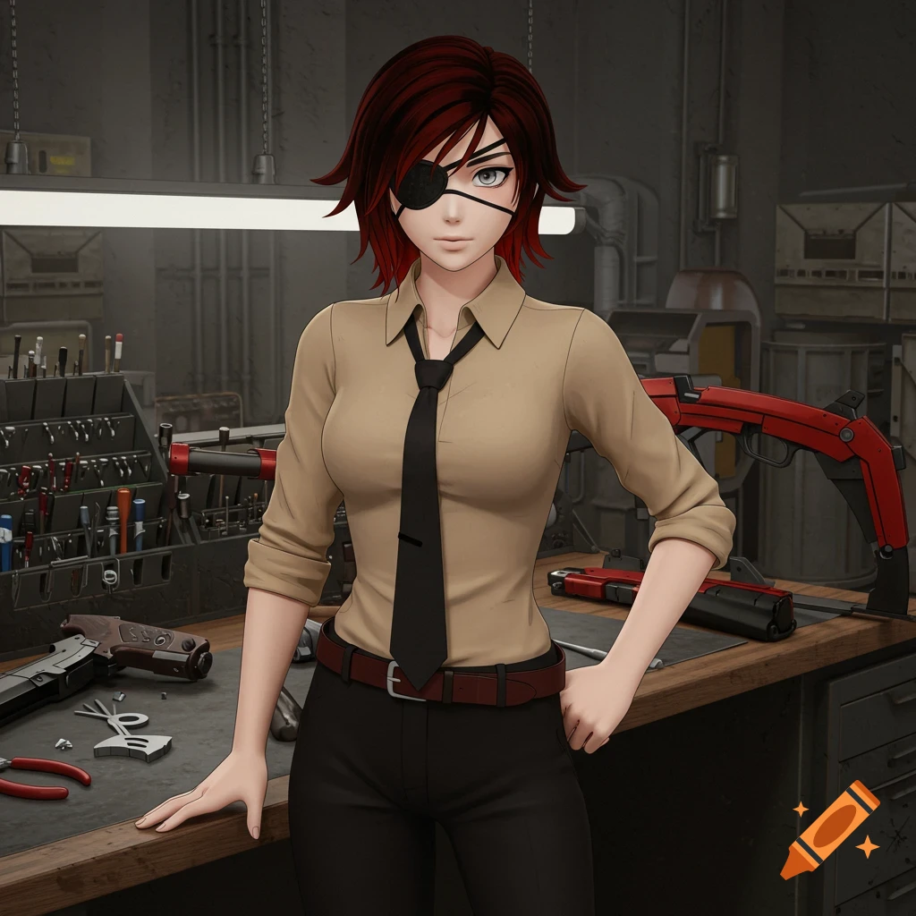 Ruby Rose from RWBY with eye-patch at desk with gun parts on Craiyon