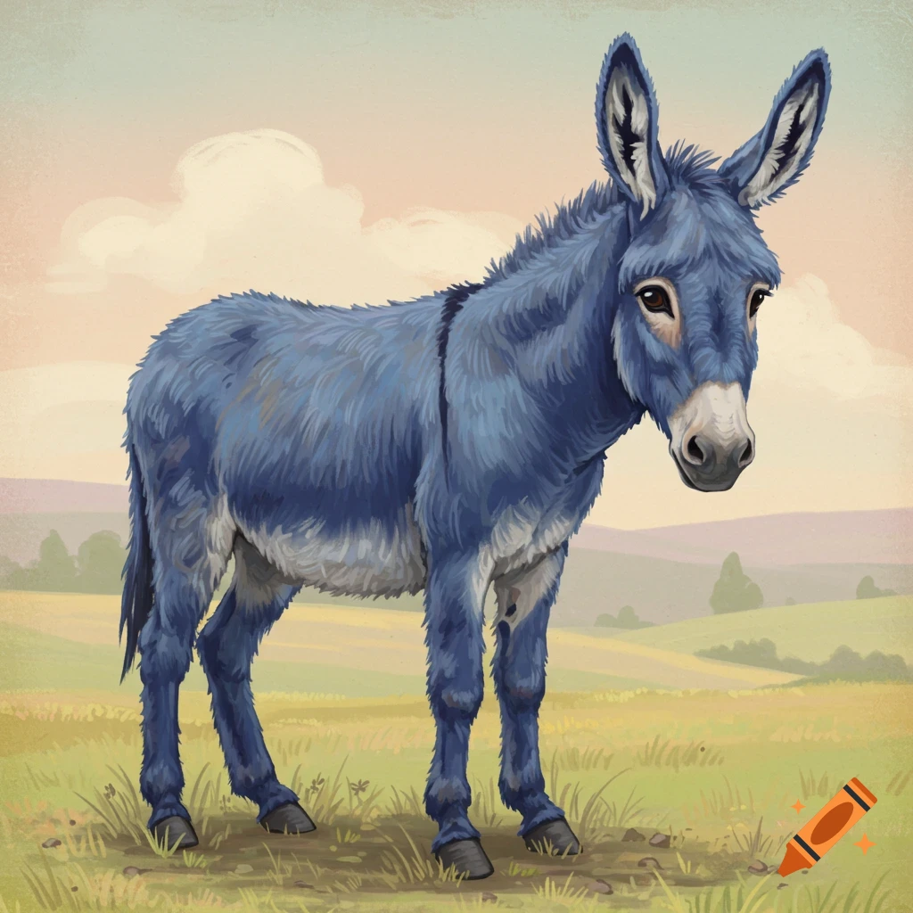 A blue donkey stands in a grassy field. on Craiyon