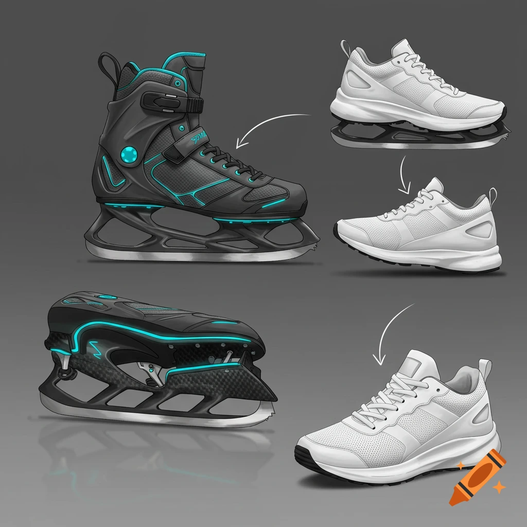 Ice skates folding into sneakers concept on Craiyon
