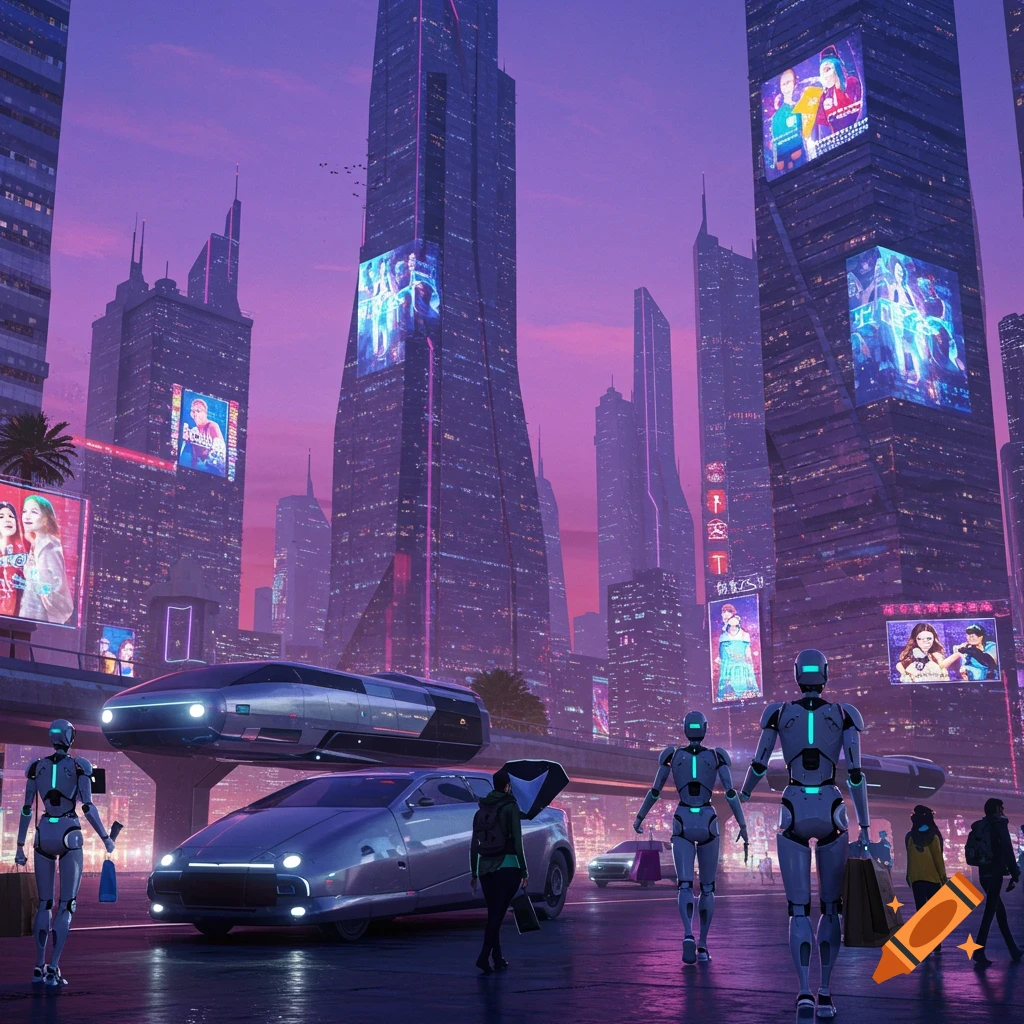 Futuristic city with skyscrapers, autonomous vehicles, and humanoid ...