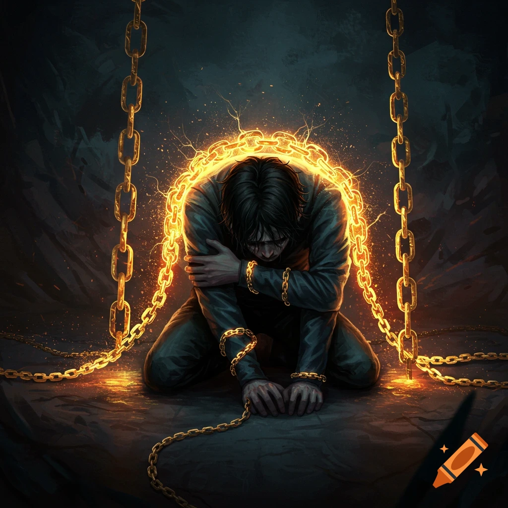 A man kneels surrounded by glowing chains in a dark scene. on Craiyon