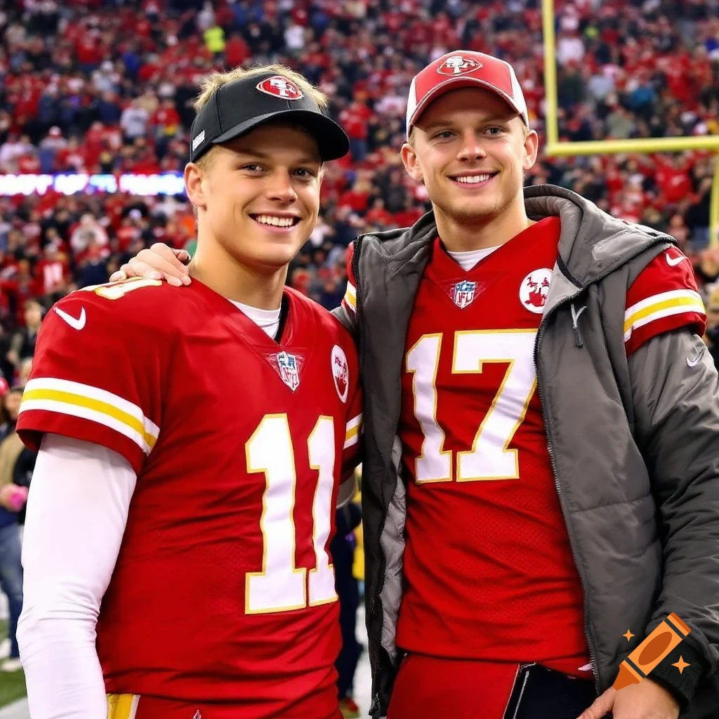 Two football players in red jerseys smile at a game. on Craiyon