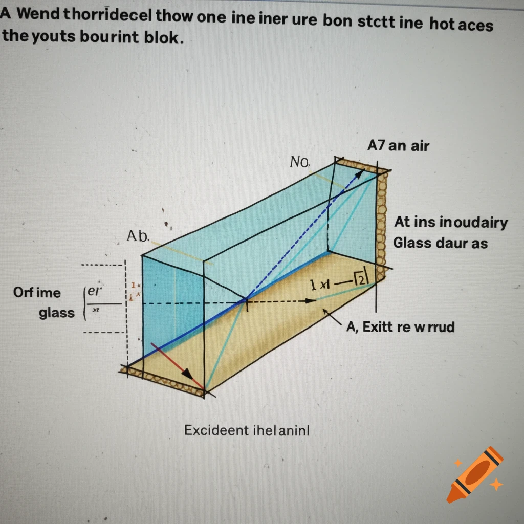 Diagram of light refraction through a glass block, showing incident and ...