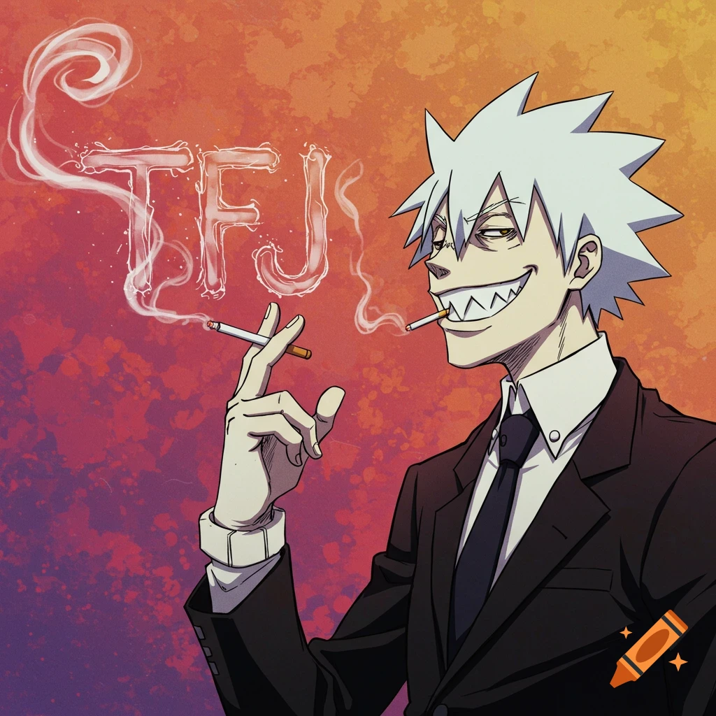 Dr. Stein from Soul Eater smoking a cigarette with smoke spelling TFJ on Craiyon