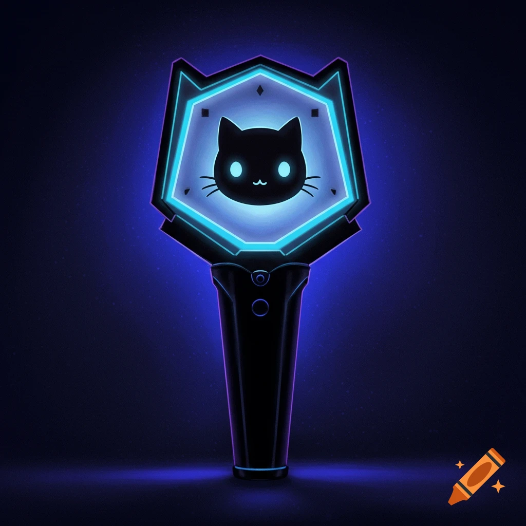 A stylized K-Pop lightstick shaped like a black cat head with glowing ...