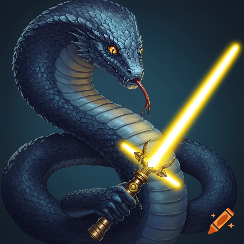 A blue and silver snake creature holds a glowing yellow cross-guard ...