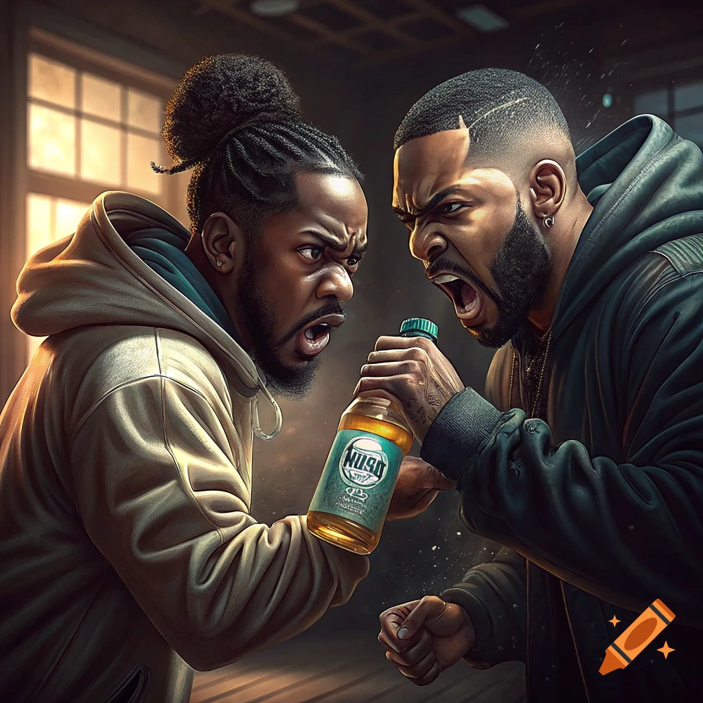 Two angry men confront each other, one holding a bottle. on Craiyon