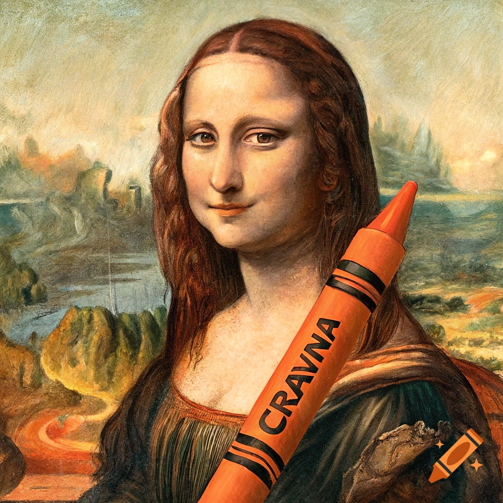 Mona Lisa painting of an orange crayon on Craiyon