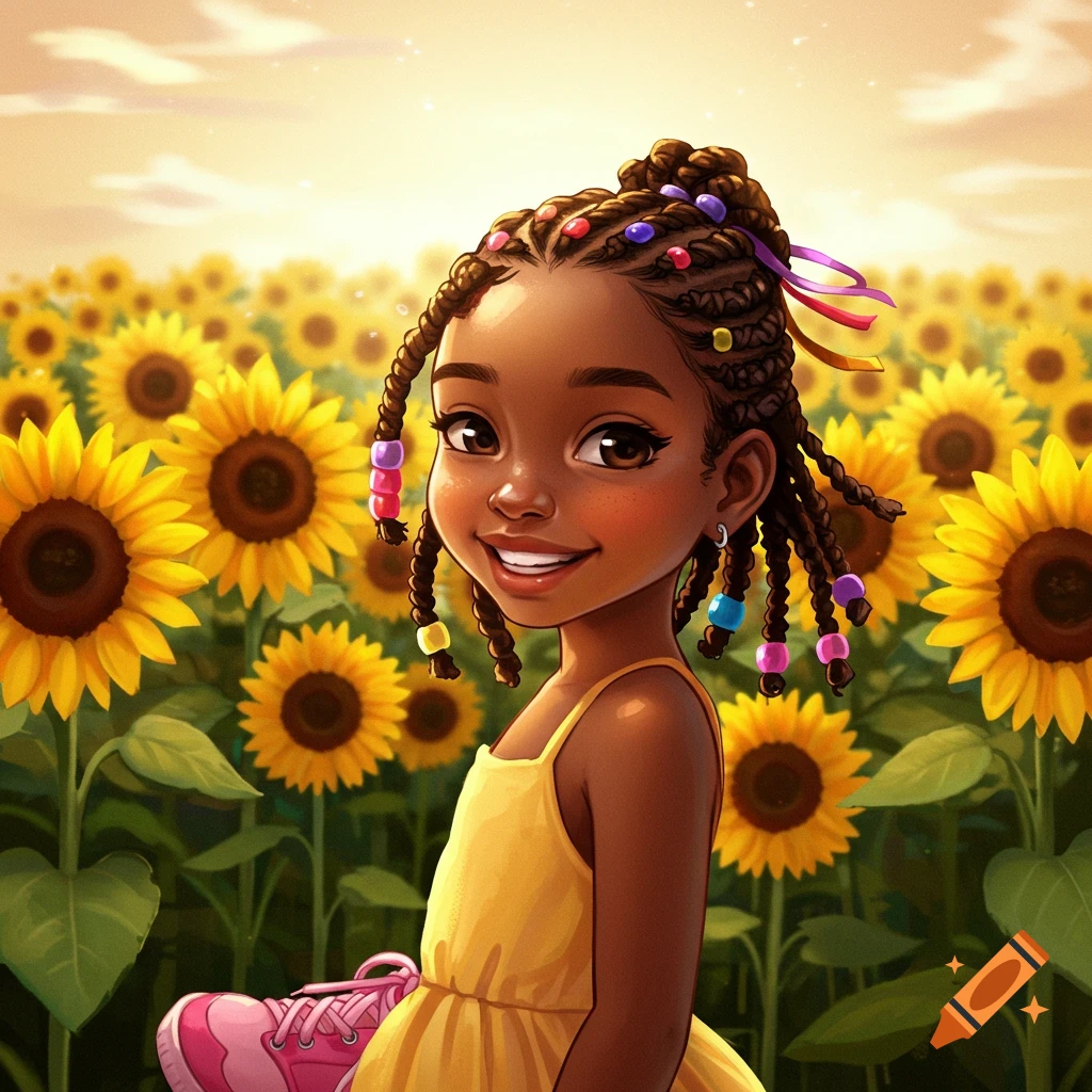 Illustration of a young Black woman in a sunflower field at sunset ...