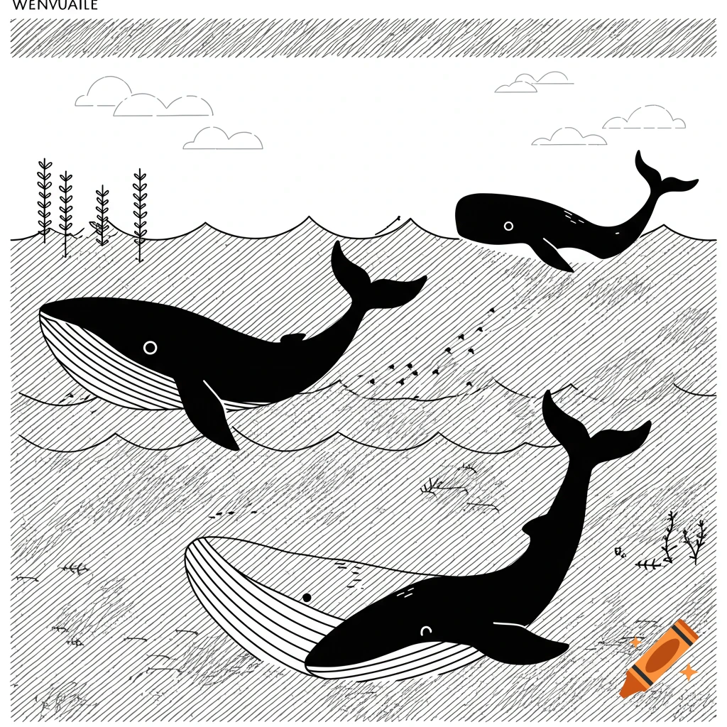 Flat black and white illustration of three whales on Craiyon