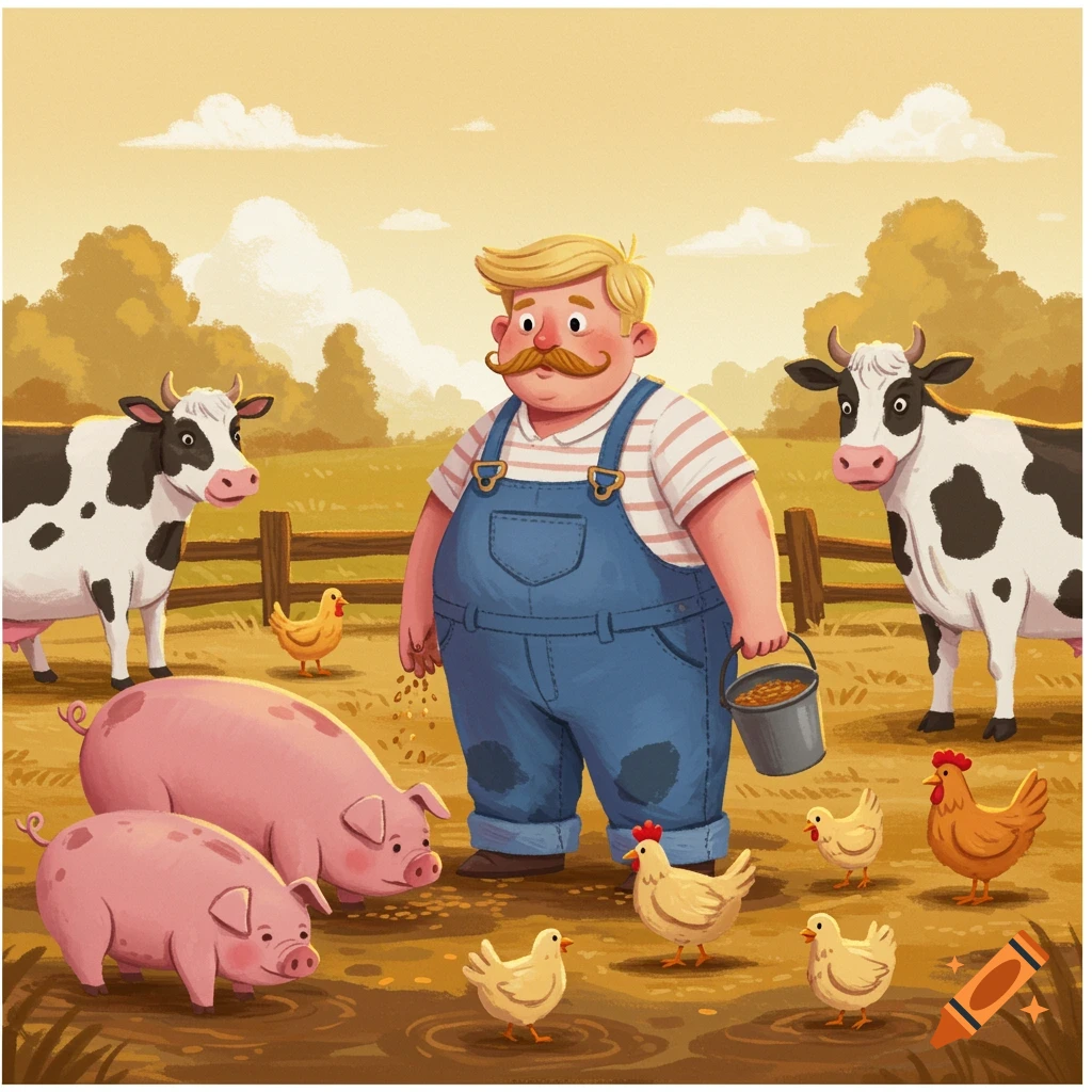 Fat blonde boy with a bear and mustache wearing overalls feeding farm ...