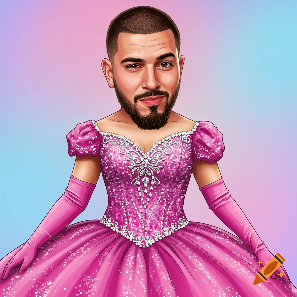 A man with a beard is wearing a sparkly pink princess dress and gloves. on Craiyon