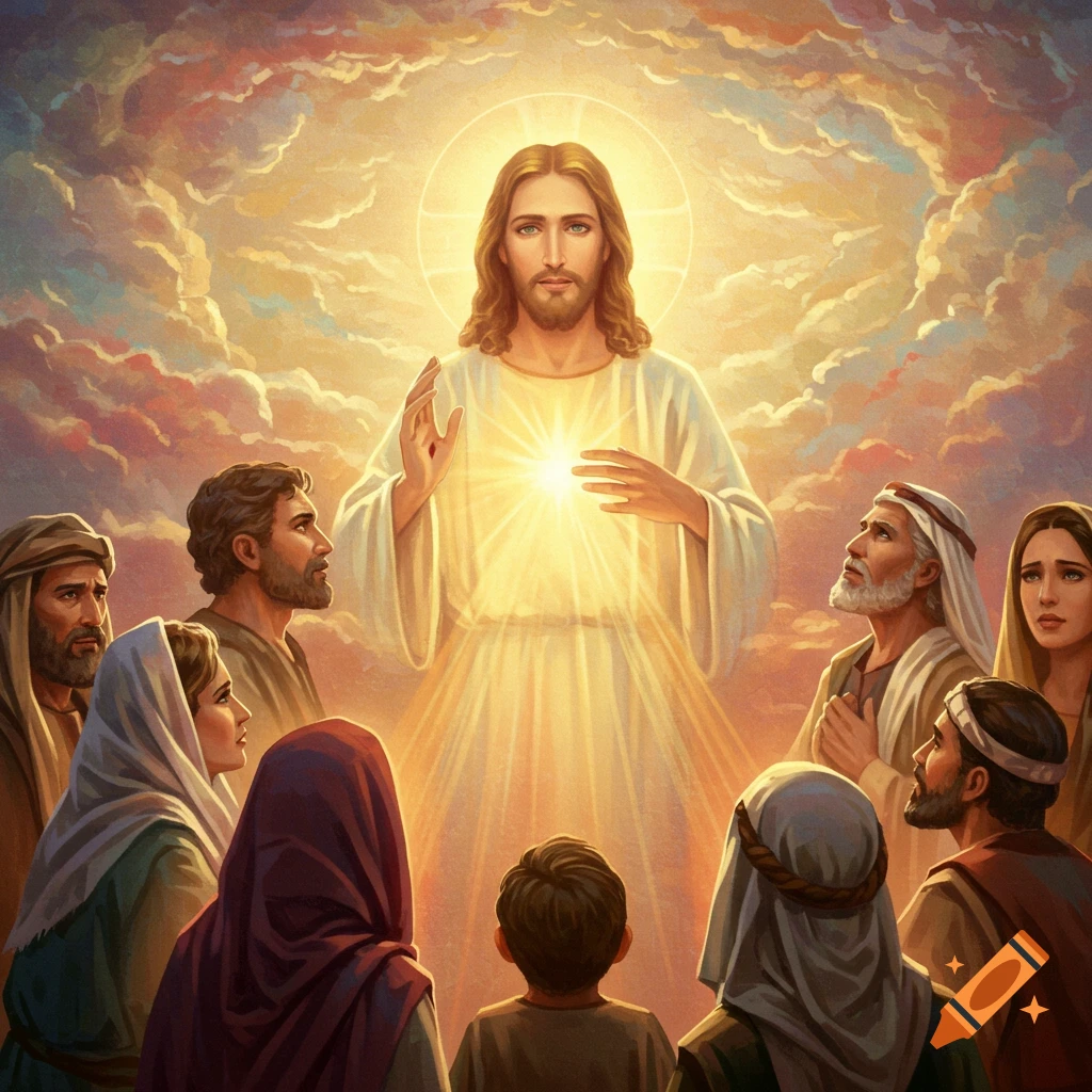 Jesus with halo and divine light, surrounded by followers looking up in a cloudy sky. on Craiyon