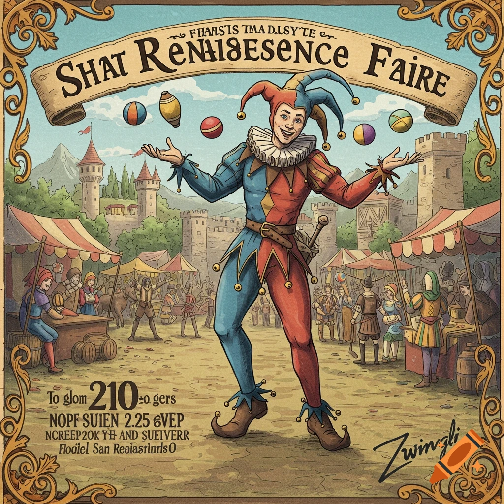 Shasta Renaissance Faire flyer with jester drawing on Craiyon