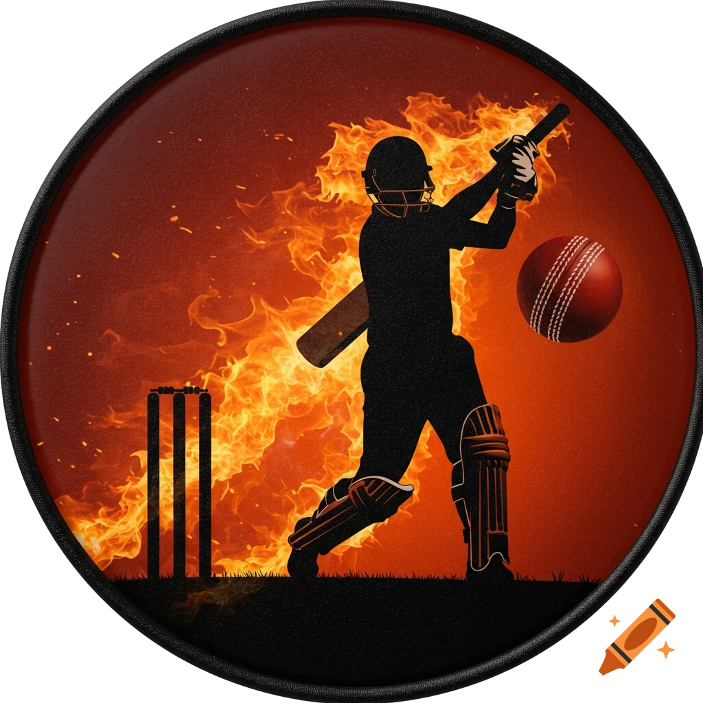 Silhouette of a cricket batsman hitting a ball with wickets and flames ...