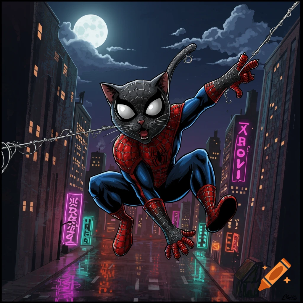 Cat Spiderman swinging from a building on Craiyon