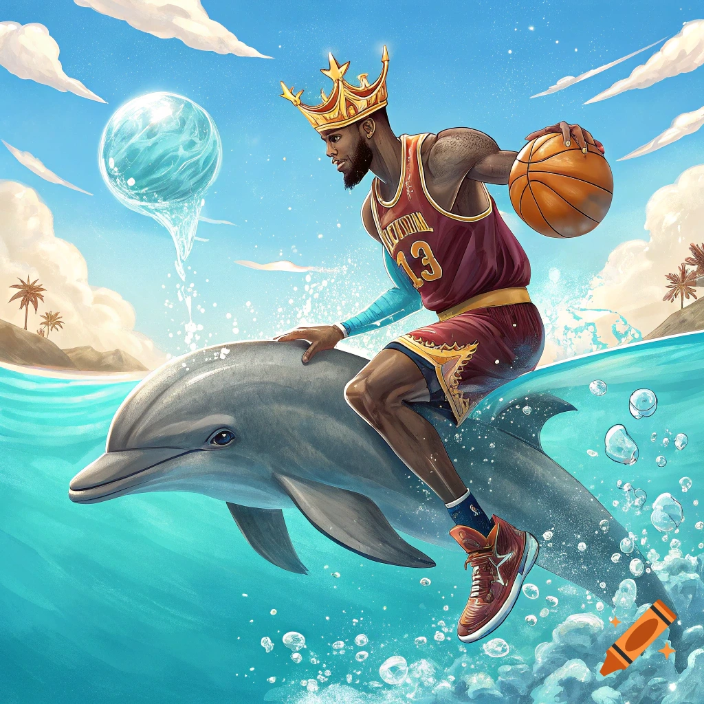 Illustration of Lebron James in a basketball uniform and crown riding a ...