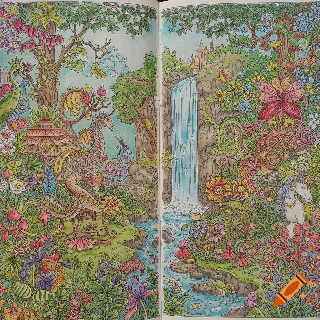 Detailed fantasy coloring book page with dragons, unicorns, waterfall ...