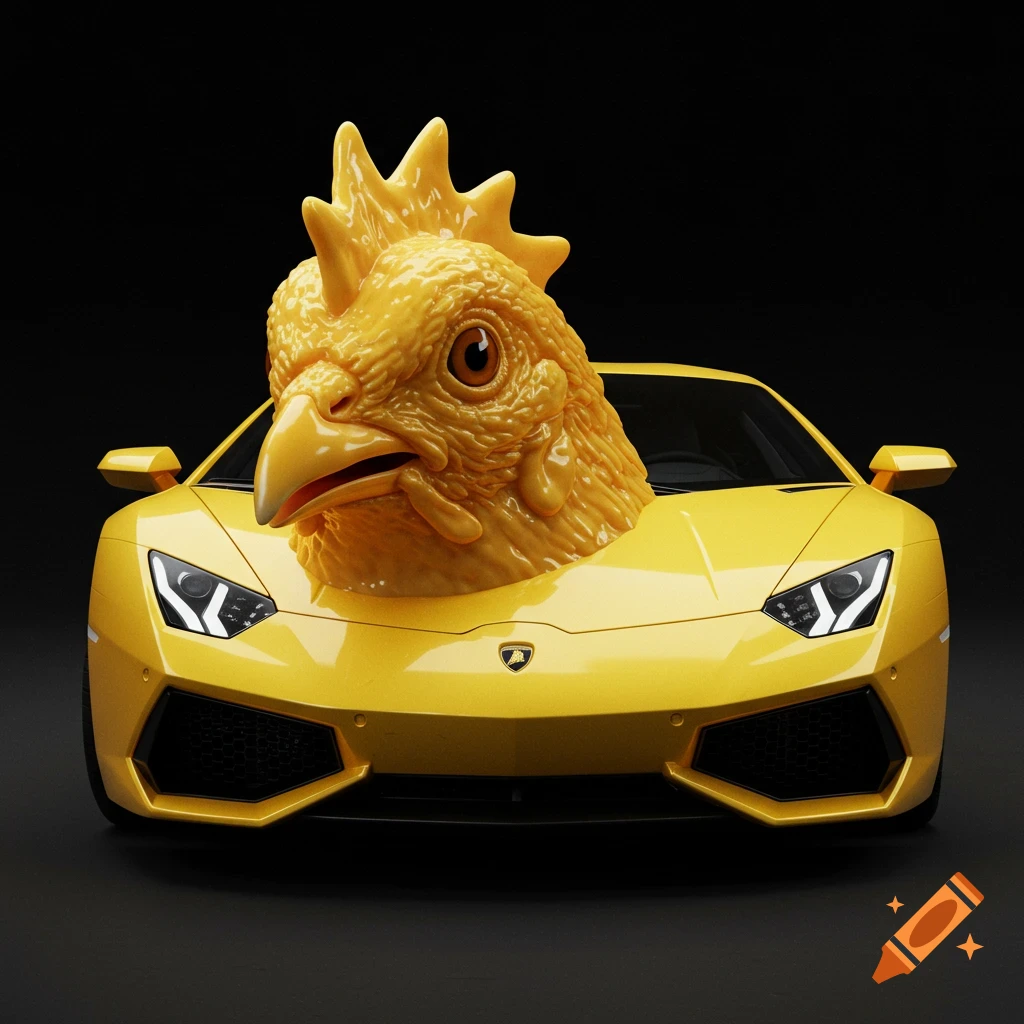Surreal ai art of a Lamborghini with a chicken head made of custard on ...