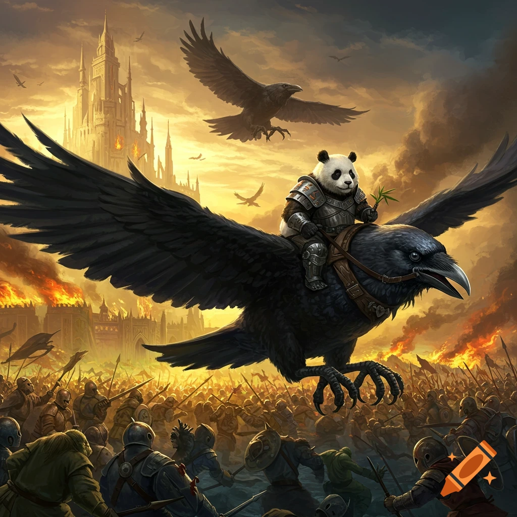 Raccoon riding a raven into battle, cartoon style depiction of an ...