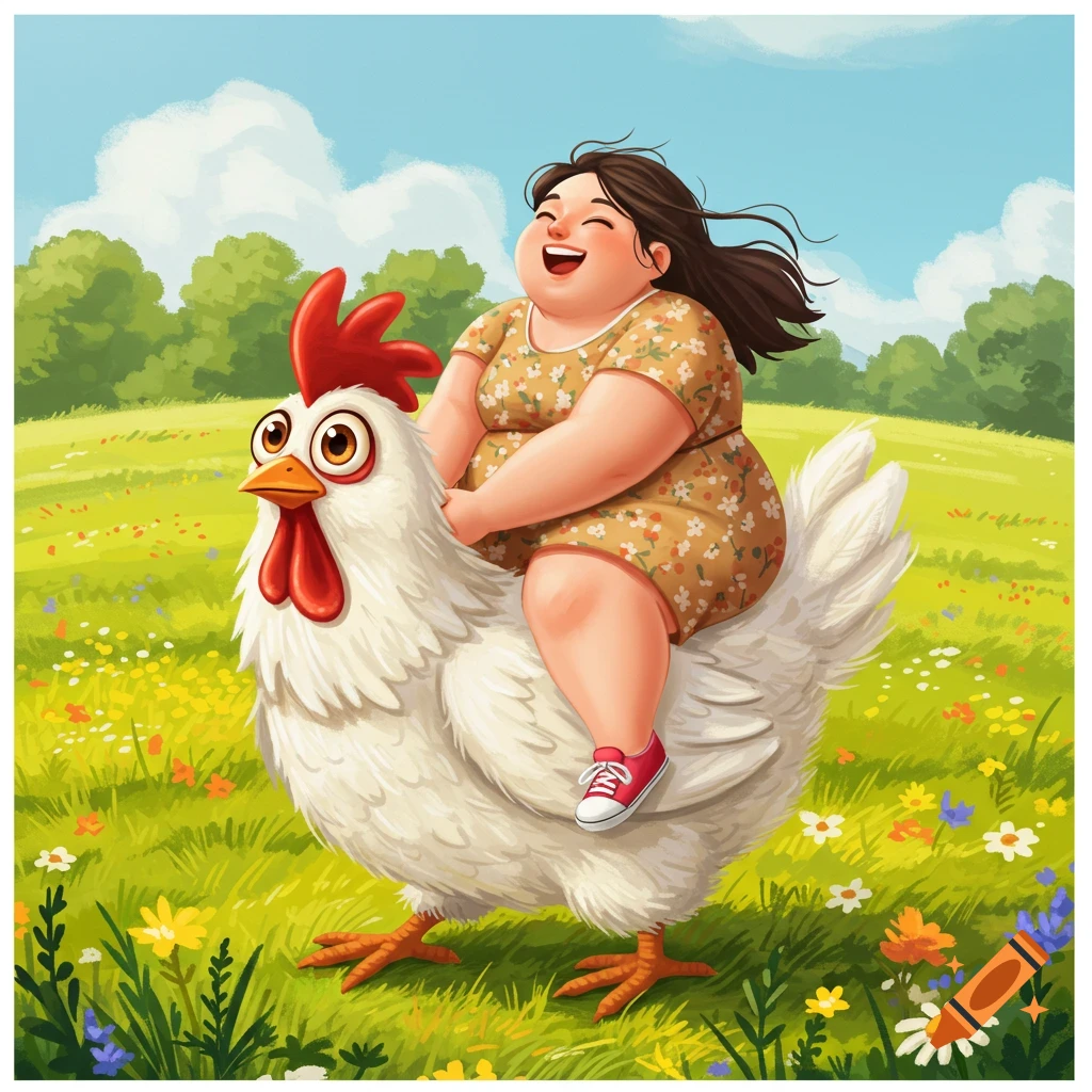 Cartoon illustration of a woman riding a chicken through a flowery ...