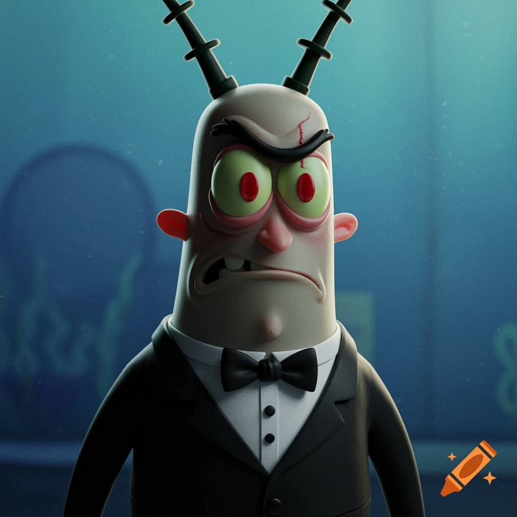 Plankton from SpongeBob in a tuxedo with an eye scar on Craiyon