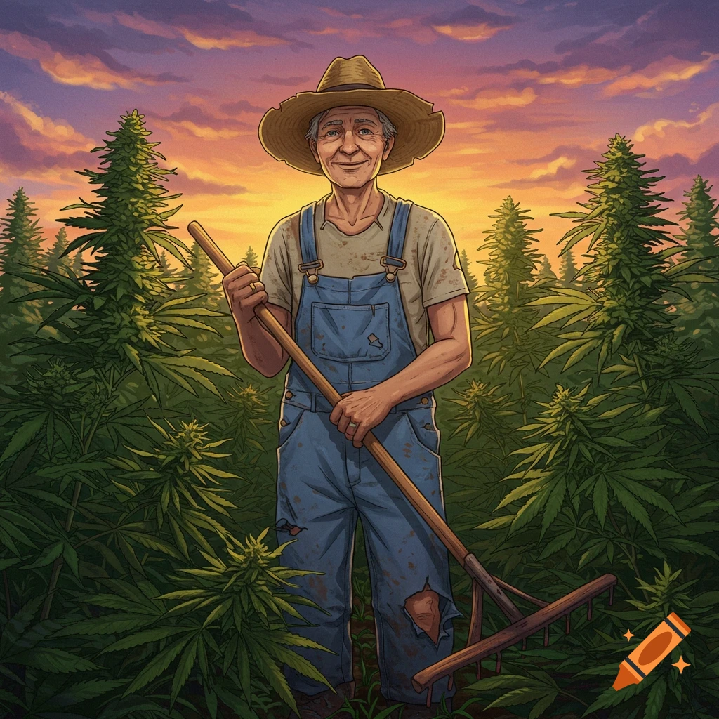 An old farmer in overalls stands in a marijuana field at sunset, holding a rake. on Craiyon