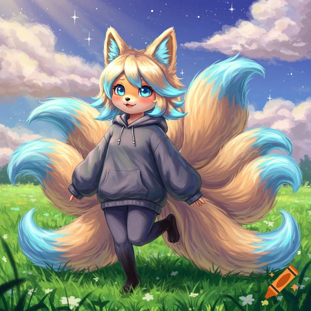 Celestial nine-tailed fox girl with blue highlights on Craiyon