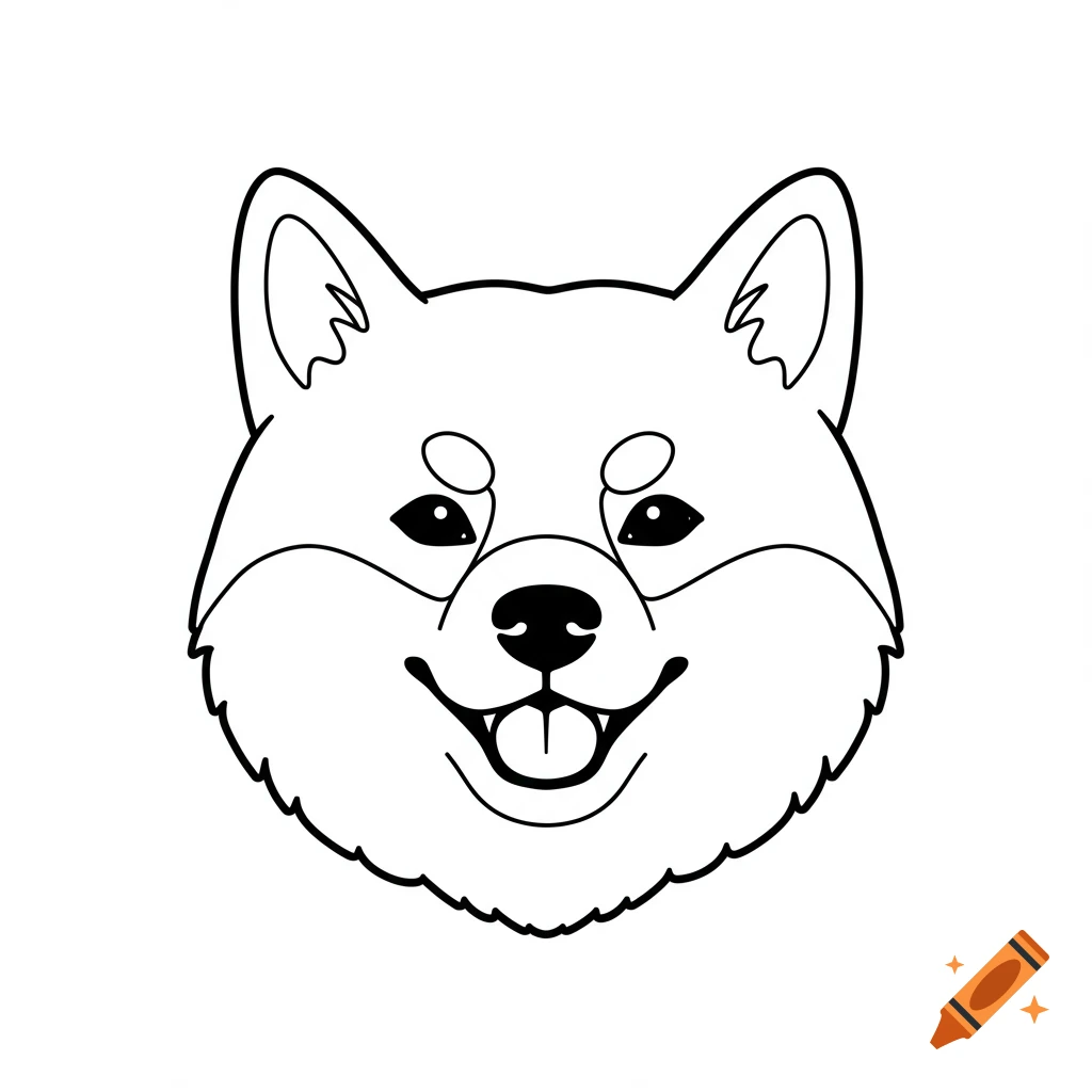 Simple black and white outline of a smiling Shiba Inu head on Craiyon