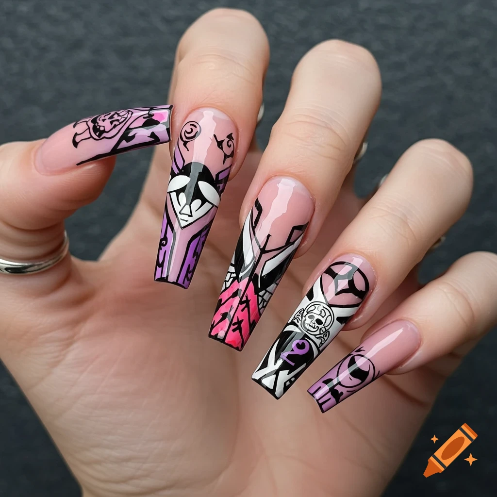 A hand with long, coffin-shaped acrylic nails featuring intricate black ...