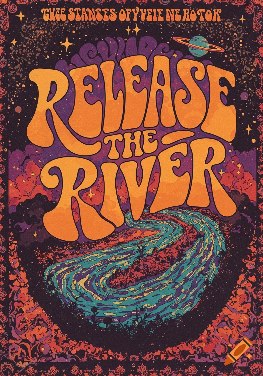 Psychedelic rock band 'Release the River' poster art, retro 70/80s ...