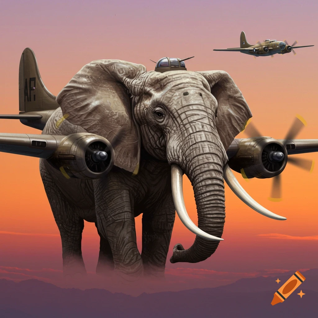 An elephant with bomber plane wings and engines flies over clouds at ...