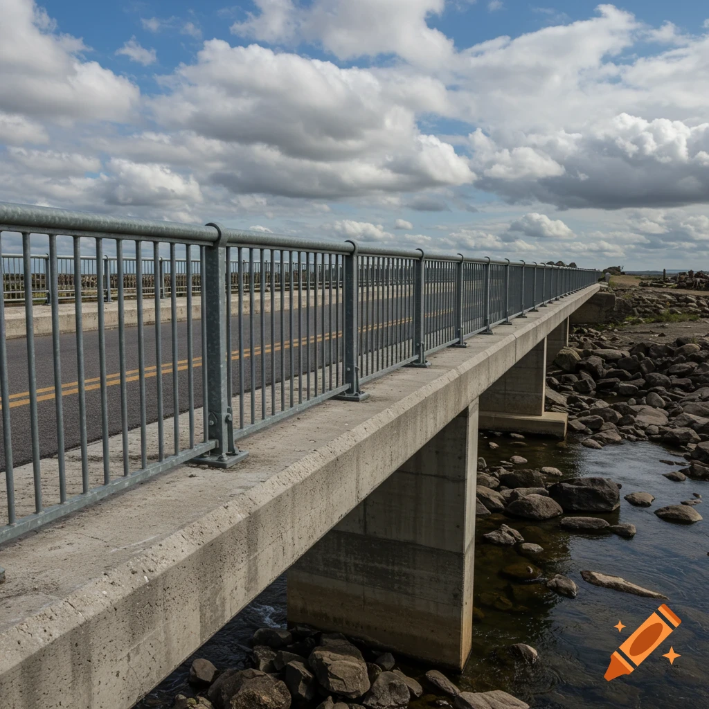 Photorealistic image of a concrete bridge with metal railings over a ...
