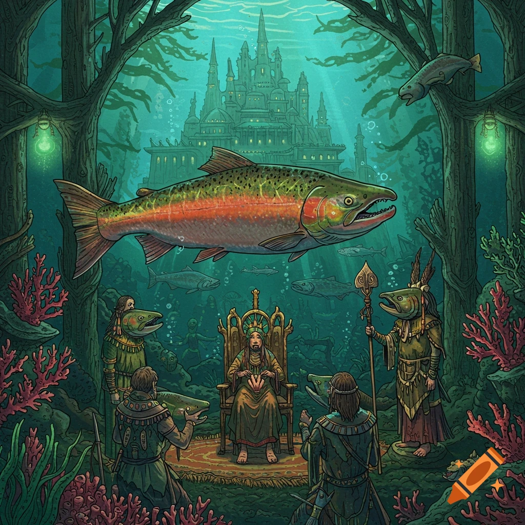 Chinook salmon leaders in a society on Craiyon