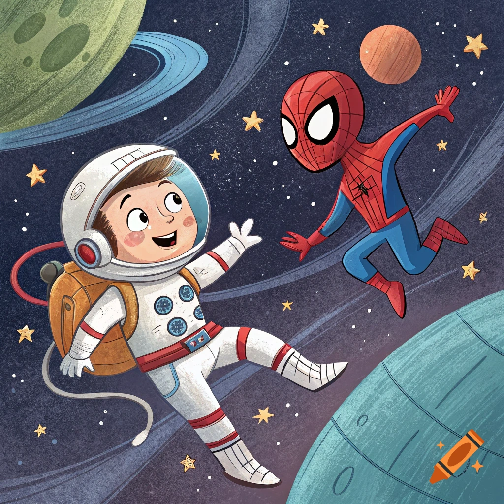 Cartoon illustration of a boy in a space suit meeting Spider-Man in ...