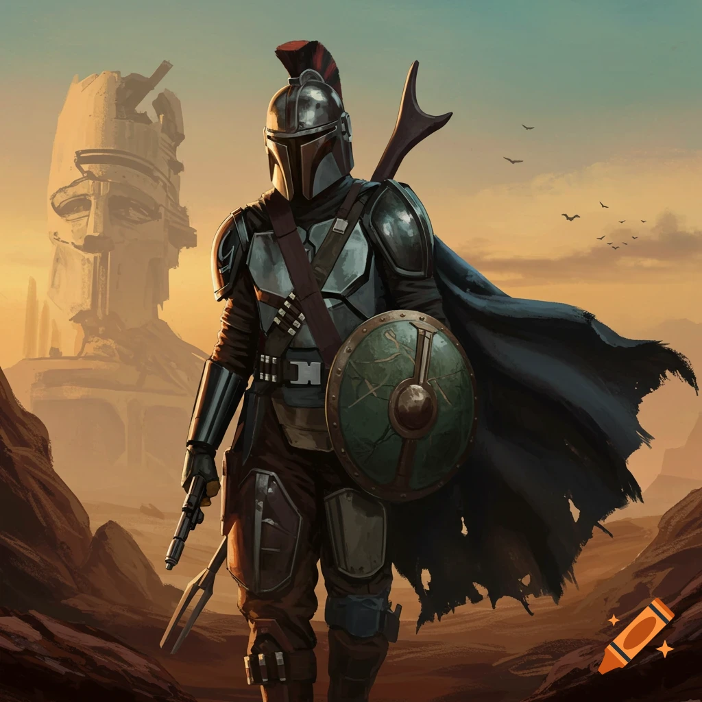 A sun elf in Mandalorian armor stands in a desert-like landscape ...
