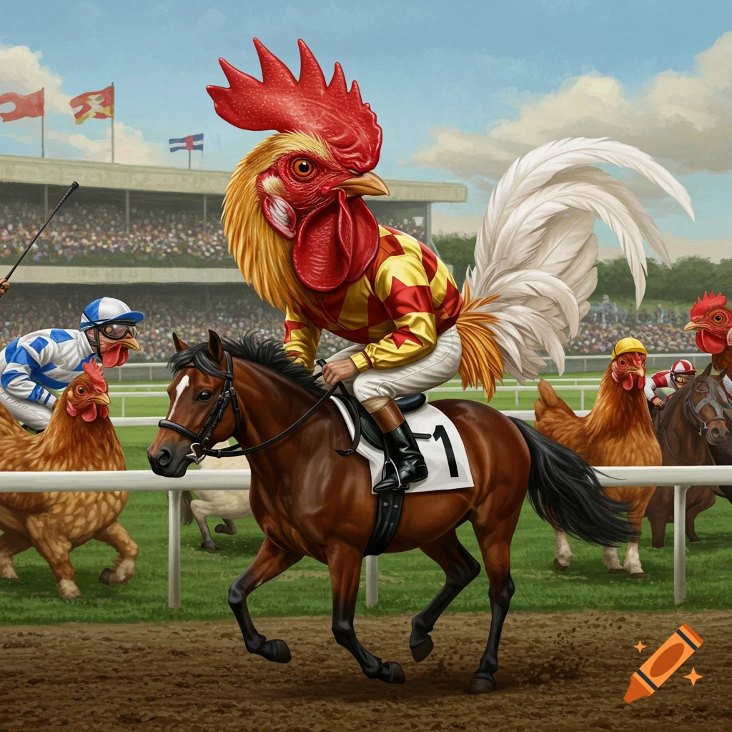 A rooster rides a horse in a race alongside other chickens on horseback. on Craiyon