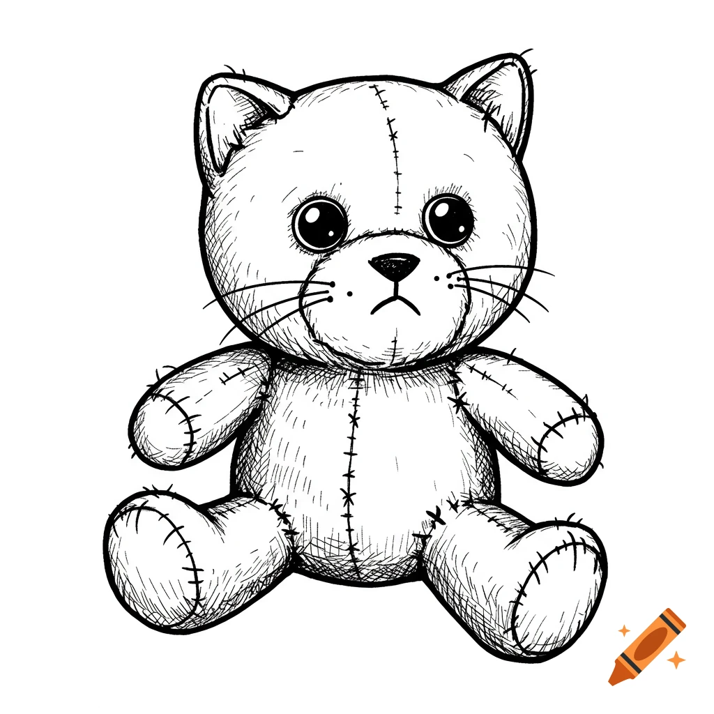 Black and white line drawing of a disheveled stuffed animal cat. on Craiyon