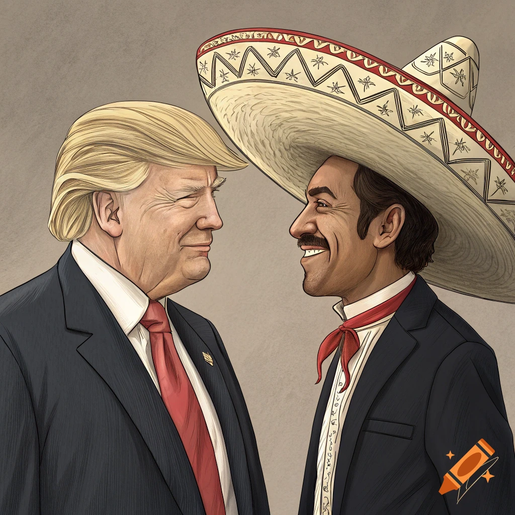 Illustration of Donald Trump and a man in a sombrero looking at each ...