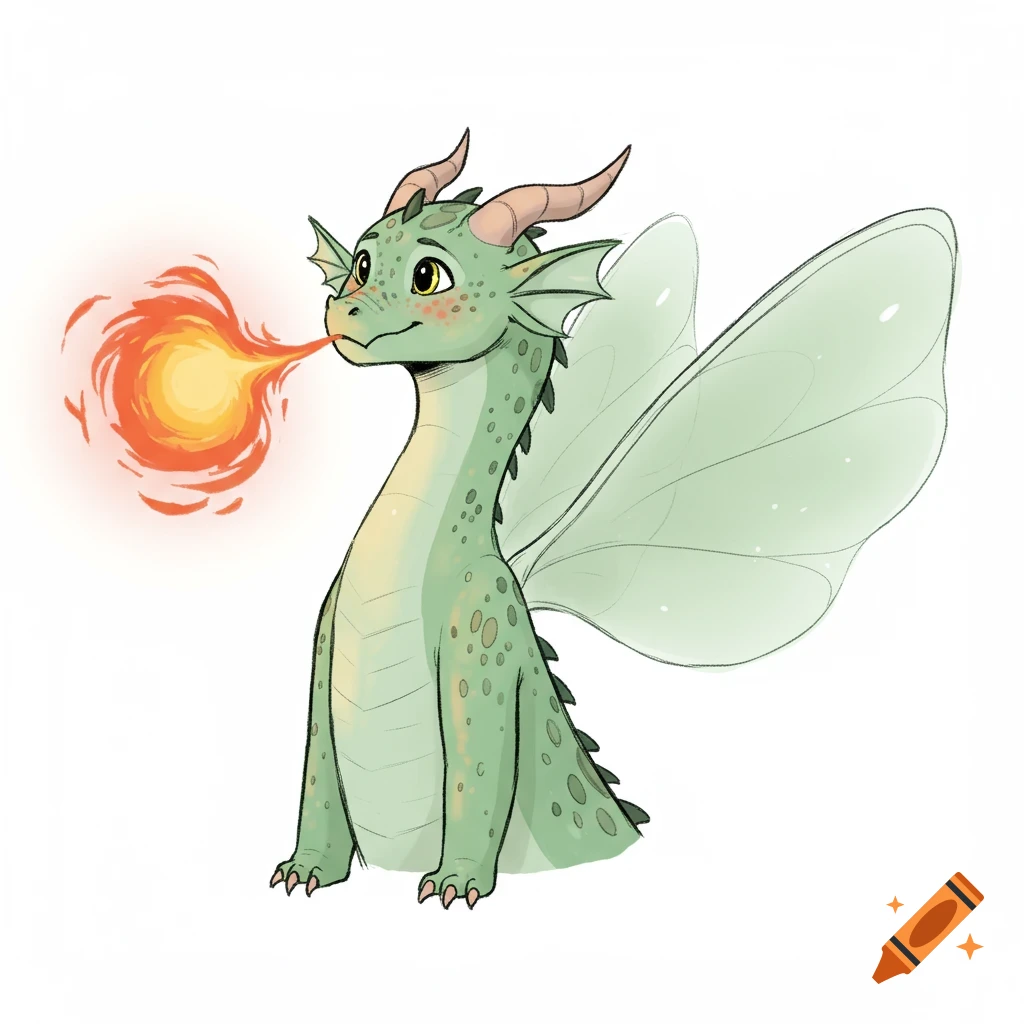 Green female dragon with freckles breathing fire drawing on Craiyon