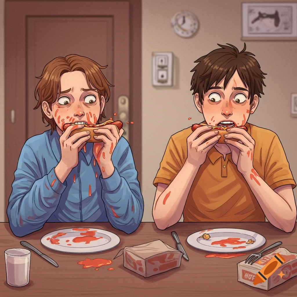 Two people eating hotdogs at a dining table, one eating sideways with ...
