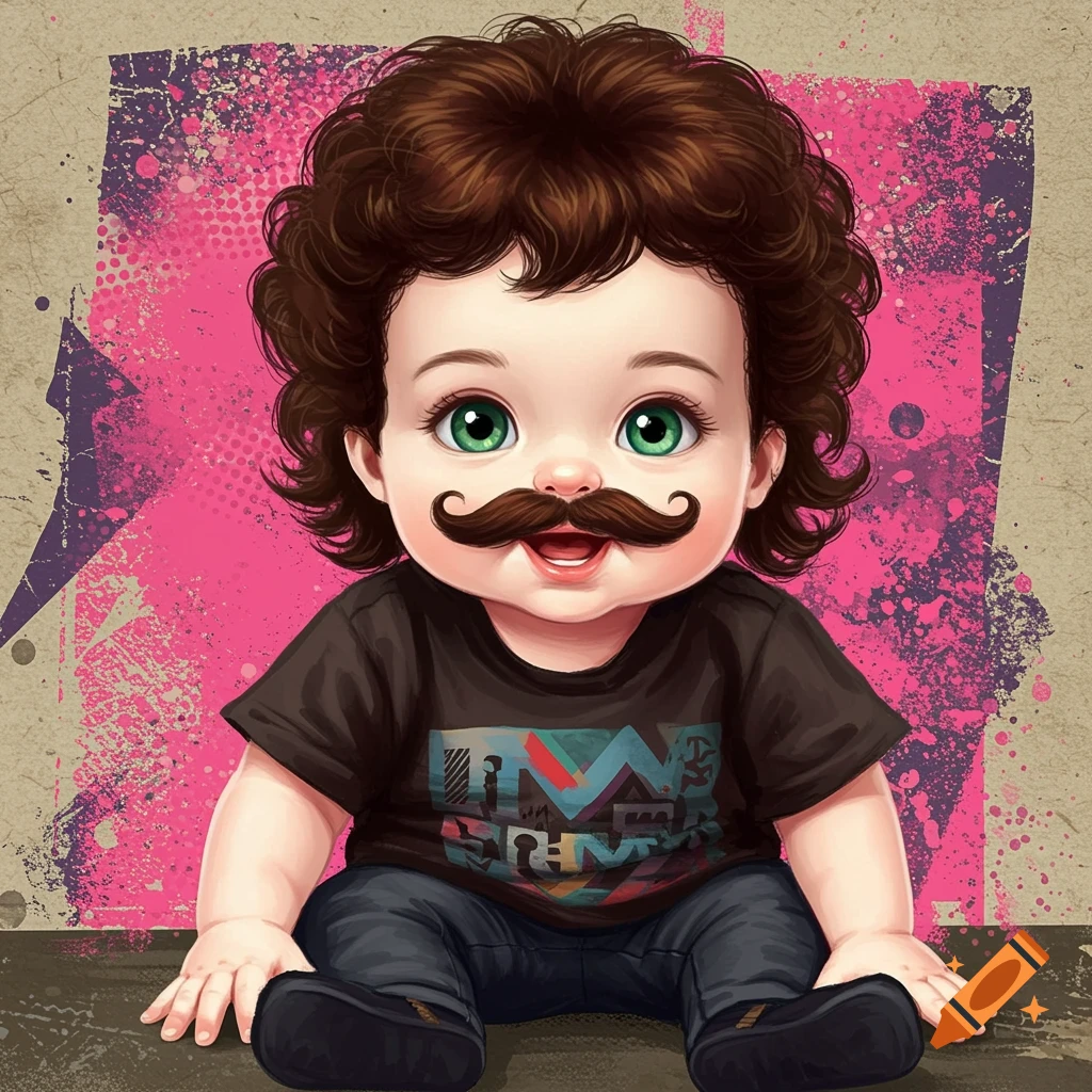 Baby with mullet and mustache dressed as indie musician on Craiyon