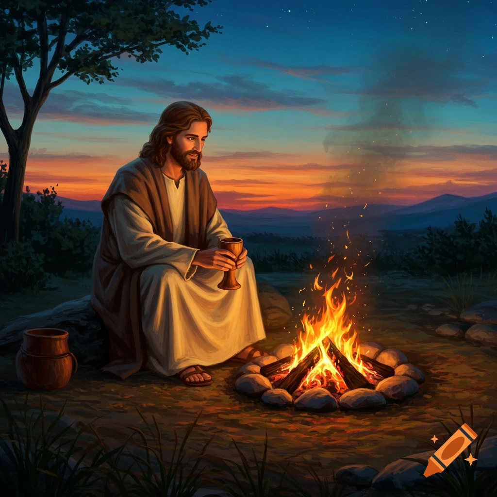 Jesus sitting by a campfire at dusk, holding a cup. on Craiyon