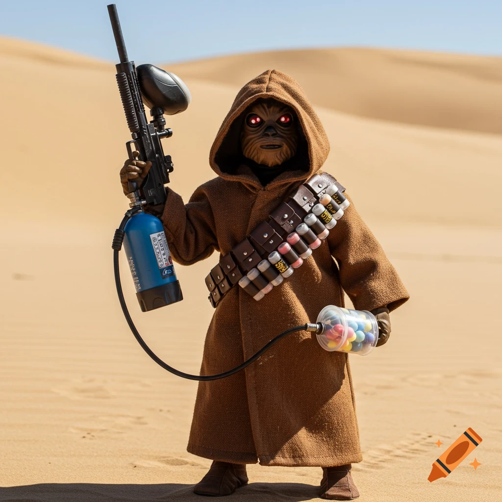 Photorealistic image of a Jawa toy figure holding a paintball gun and ...