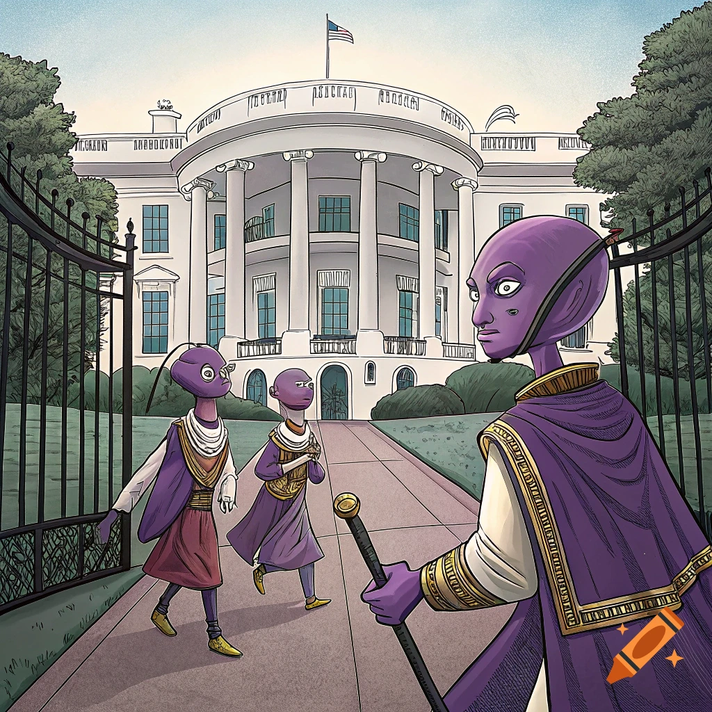 Purple aliens in cultural gear arriving at a futuristic White House on ...