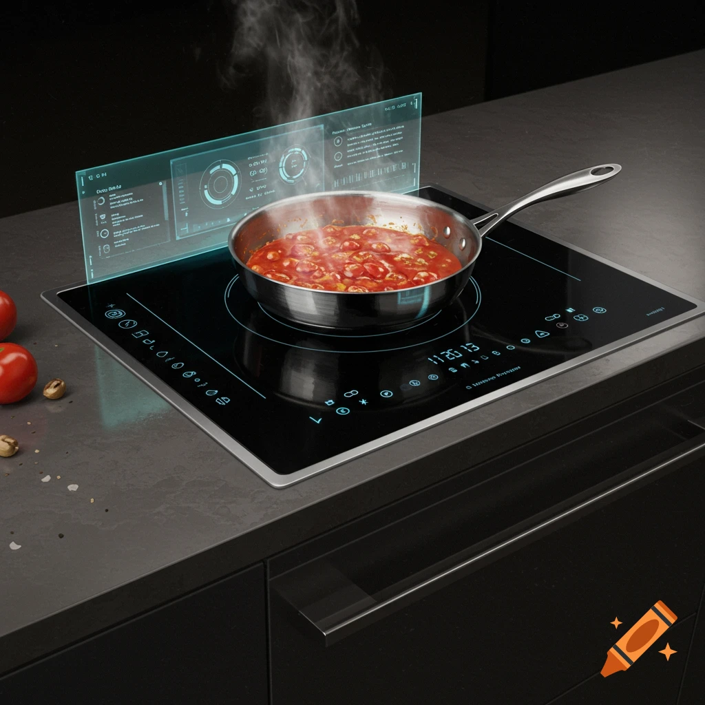 A futuristic induction stove with a pan of sauce cooking, a holographic ...