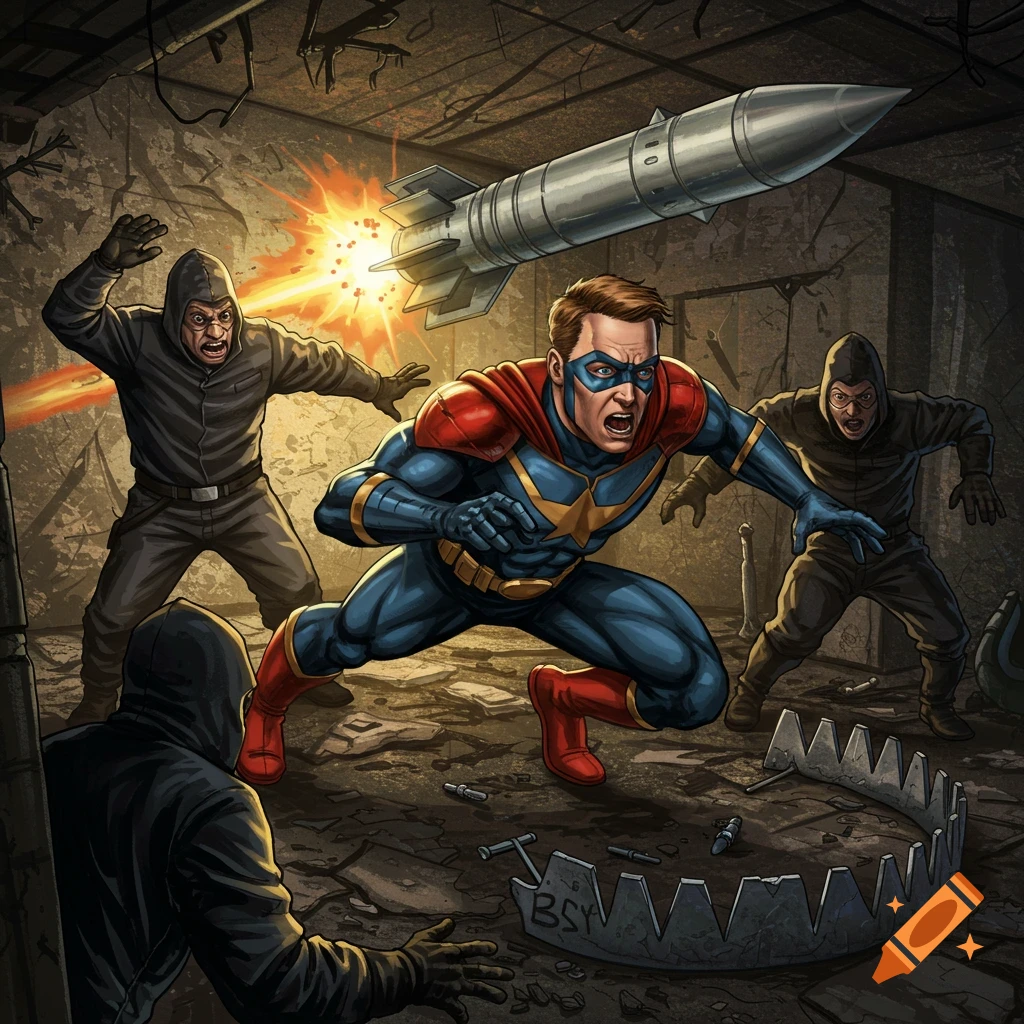 Superhero dodging missile on Craiyon