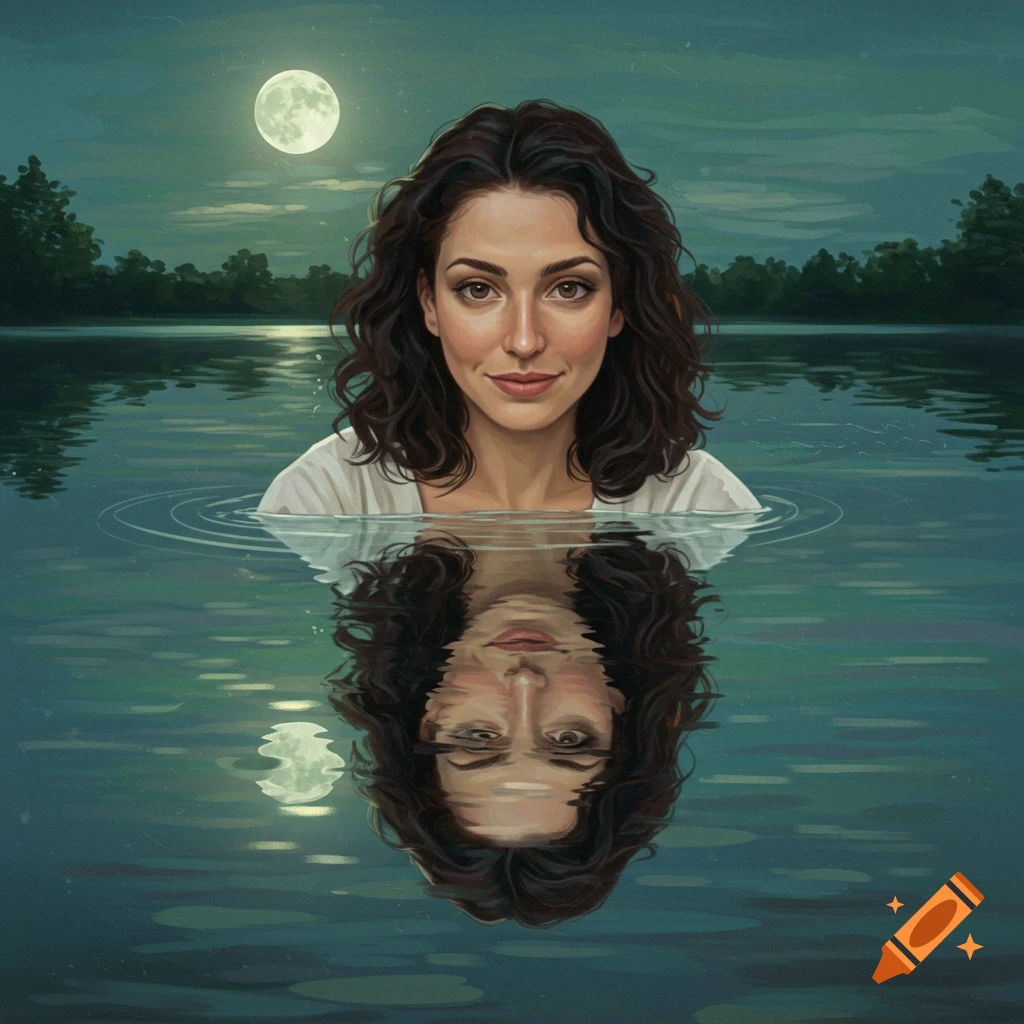 Woman's self-portrait reflection in a lake under the moon on Craiyon